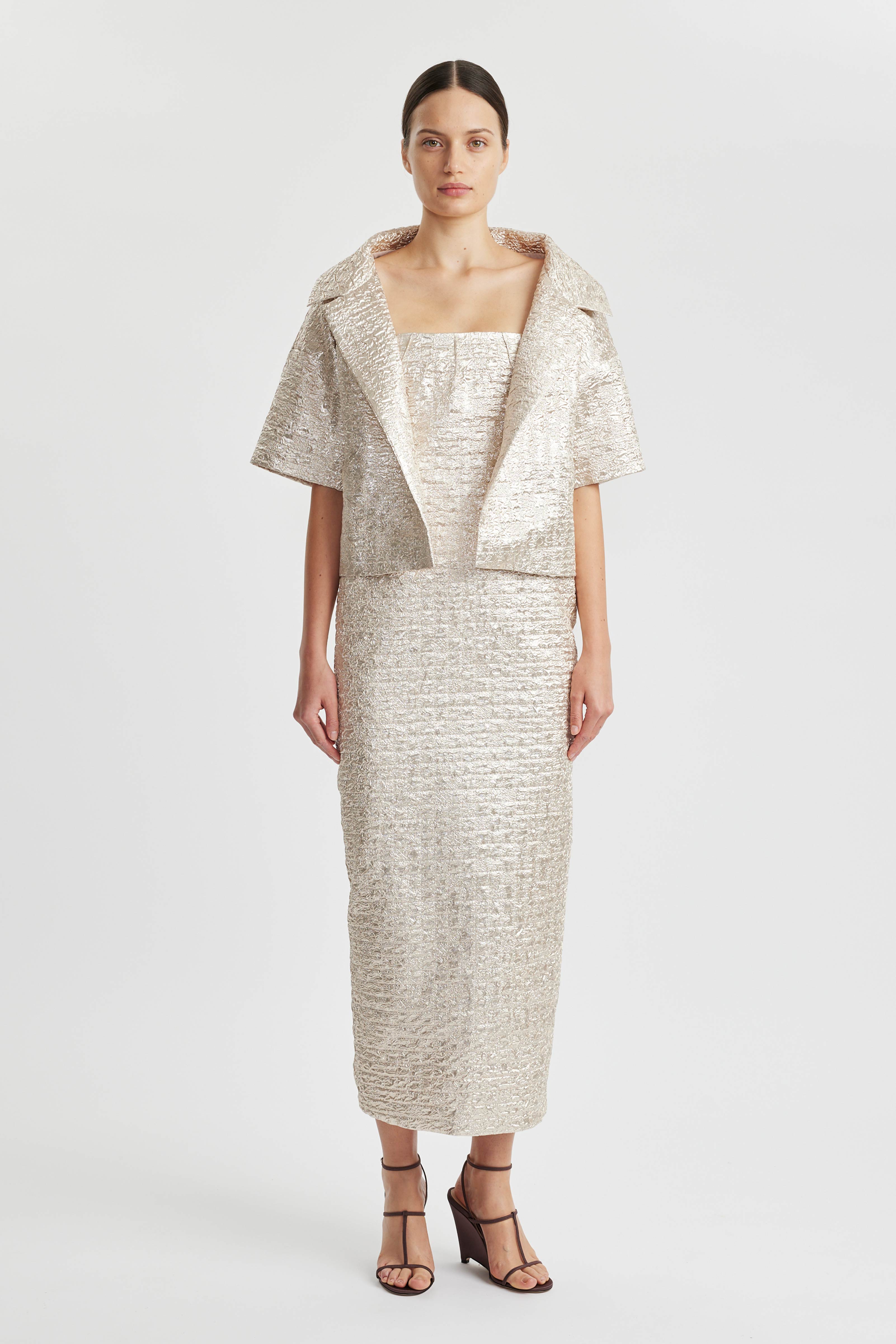 Enna Jacket in Champagne Metallic Seersucker - Emilia Wickstead