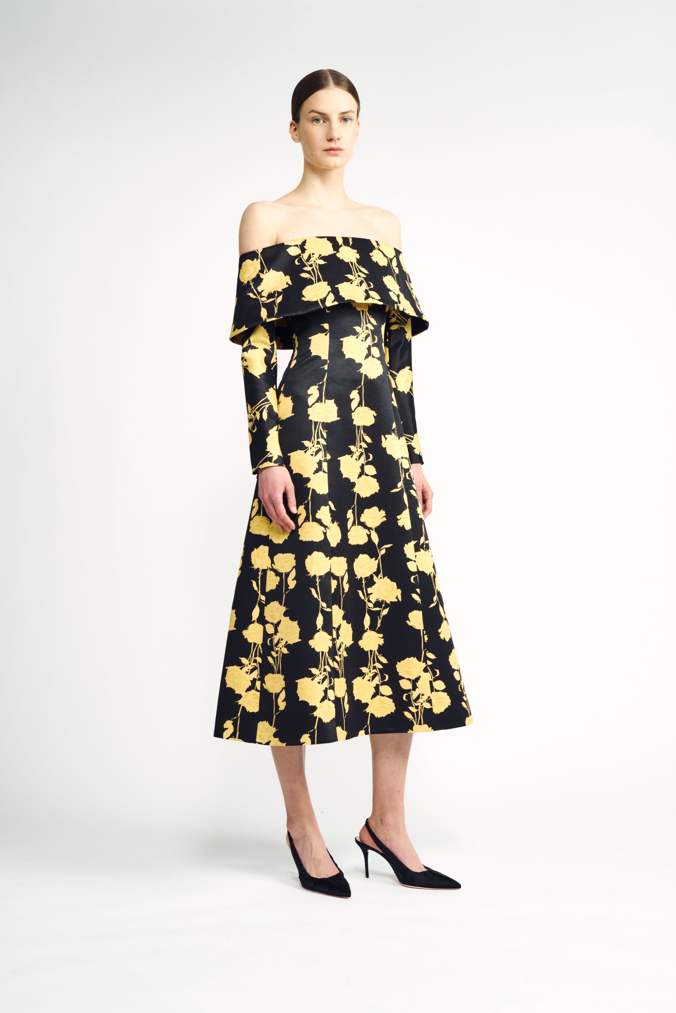 Corey Dress | Off-The-Shoulder Long Sleeve Dress in Lemon Floral Print | Emilia Wickstead