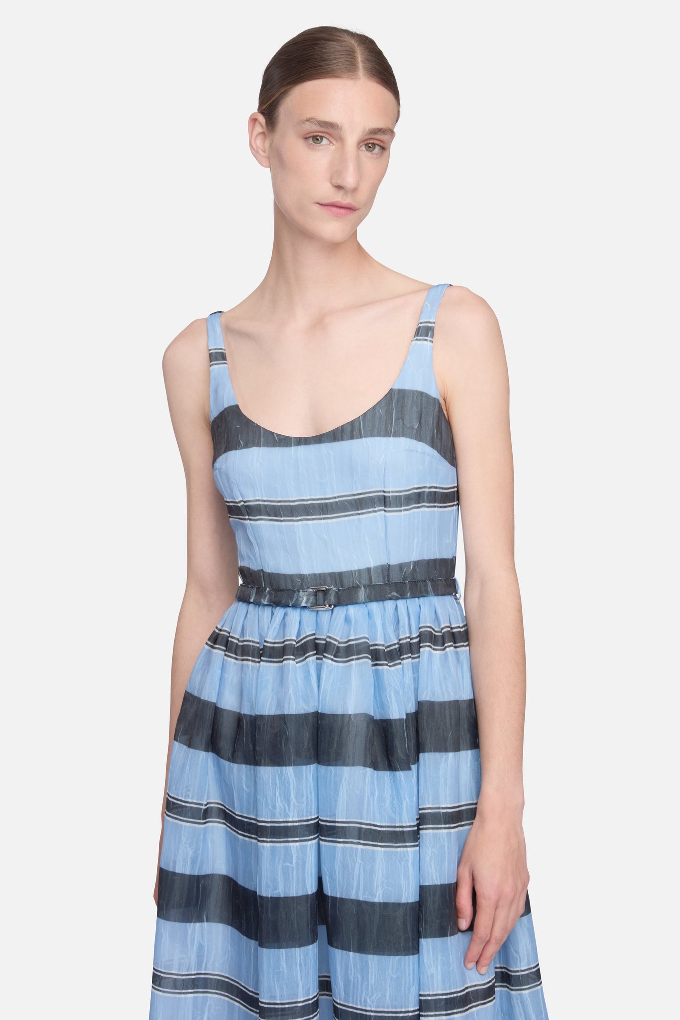 Eglantine Dress in Blue & Black Striped Textured Organza– Emilia Wickstead