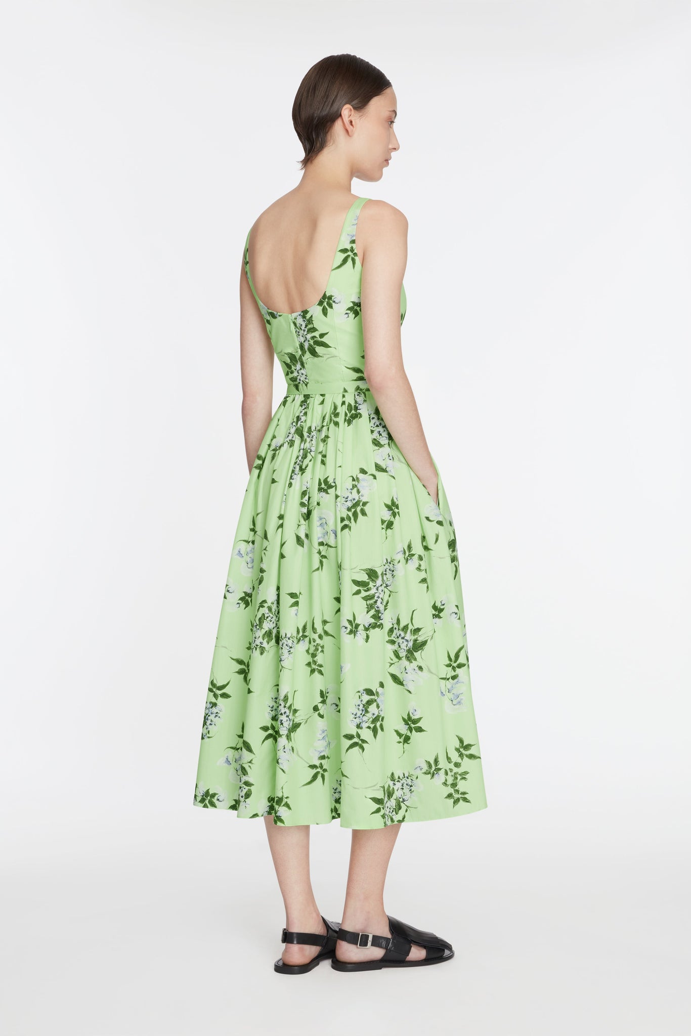 Eglantine Dress In Lilac Lillies & Cherry print on Green Organic Cotton ...