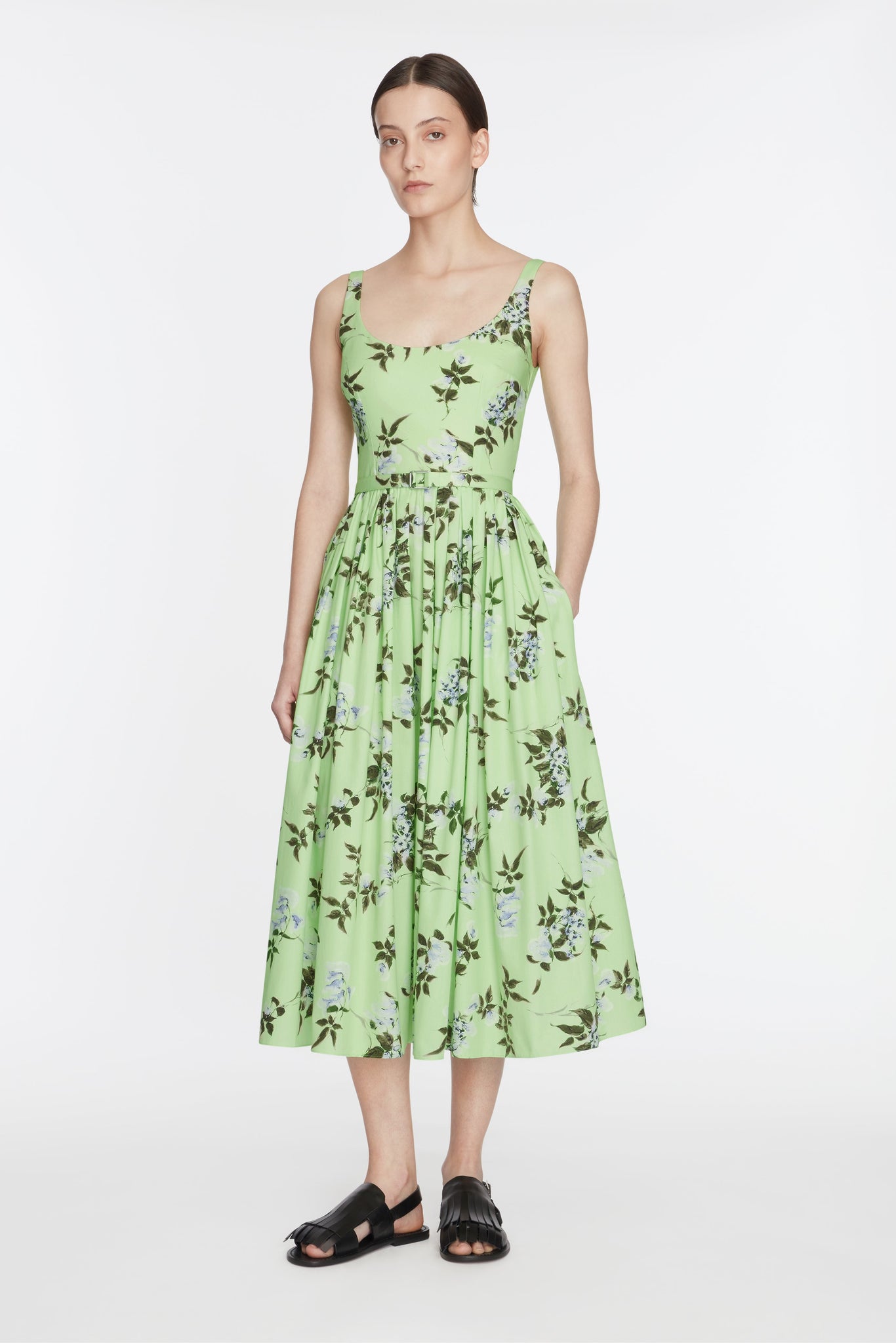 Eglantine Dress In Lilac Lillies & Cherry print on Green Organic Cotton ...