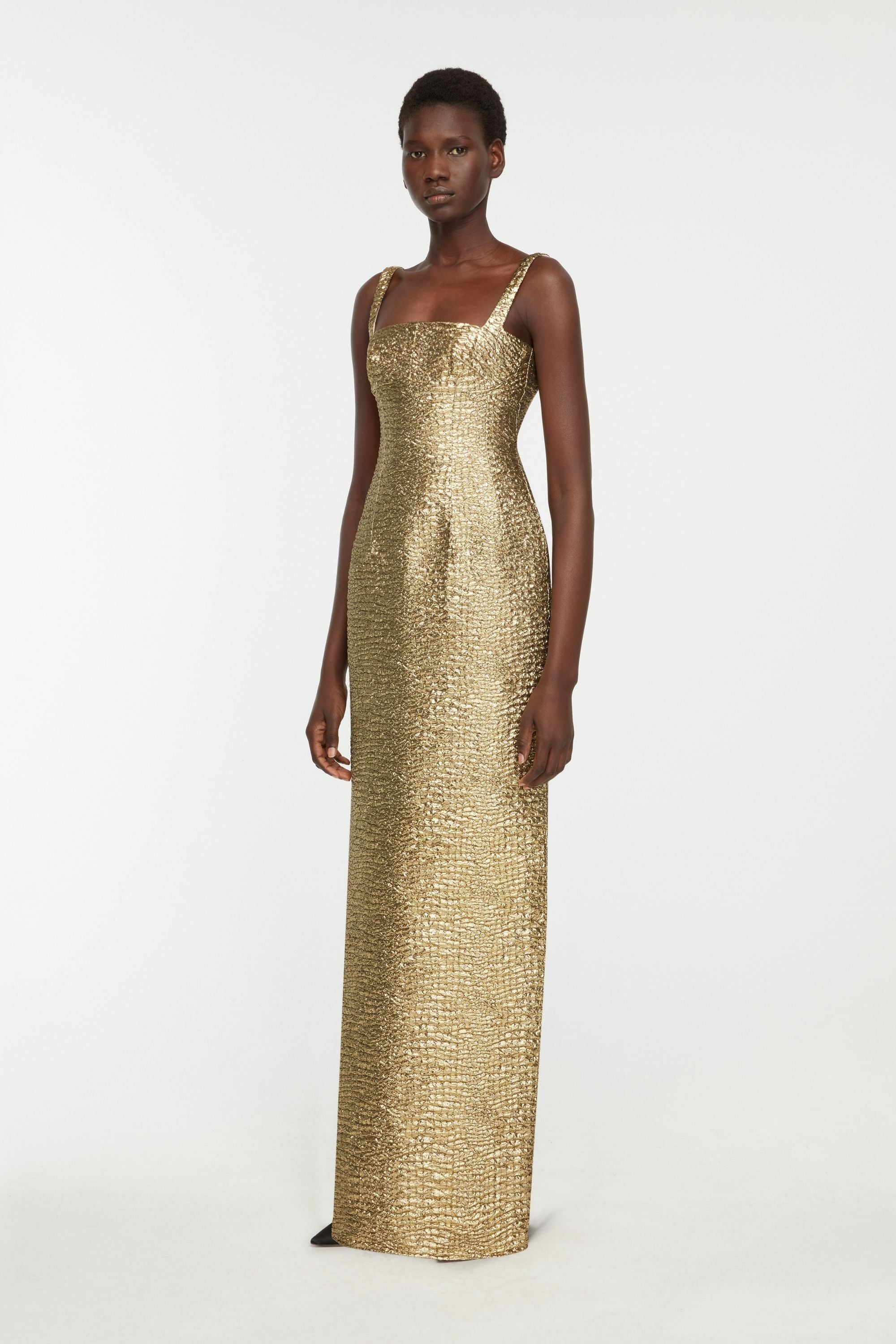Micheline Dress In Gold Metallic Seersucker | Emilia Wickstead