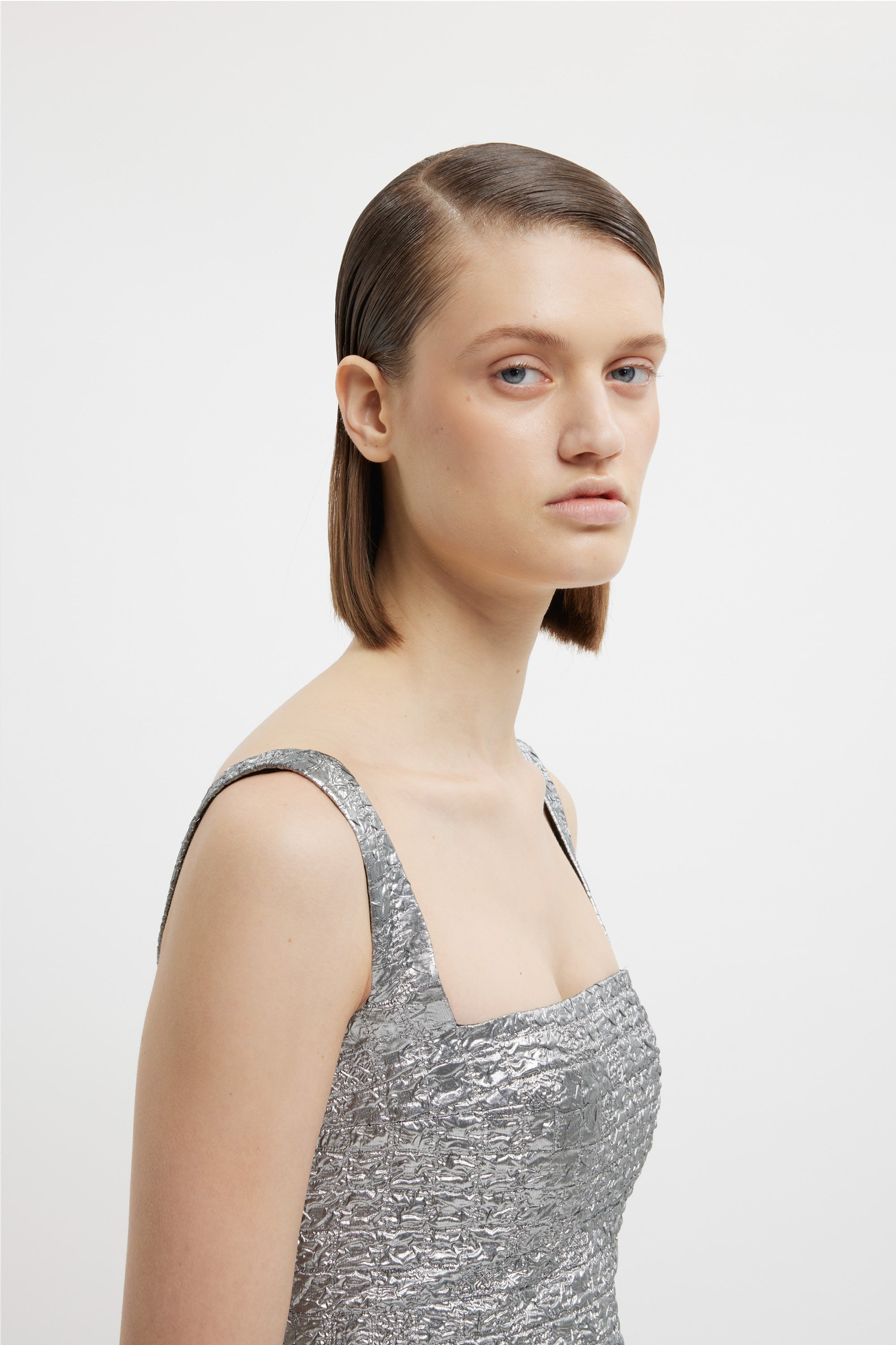 Ira Dress In Silver Metallic Seersucker | Emilia Wickstead