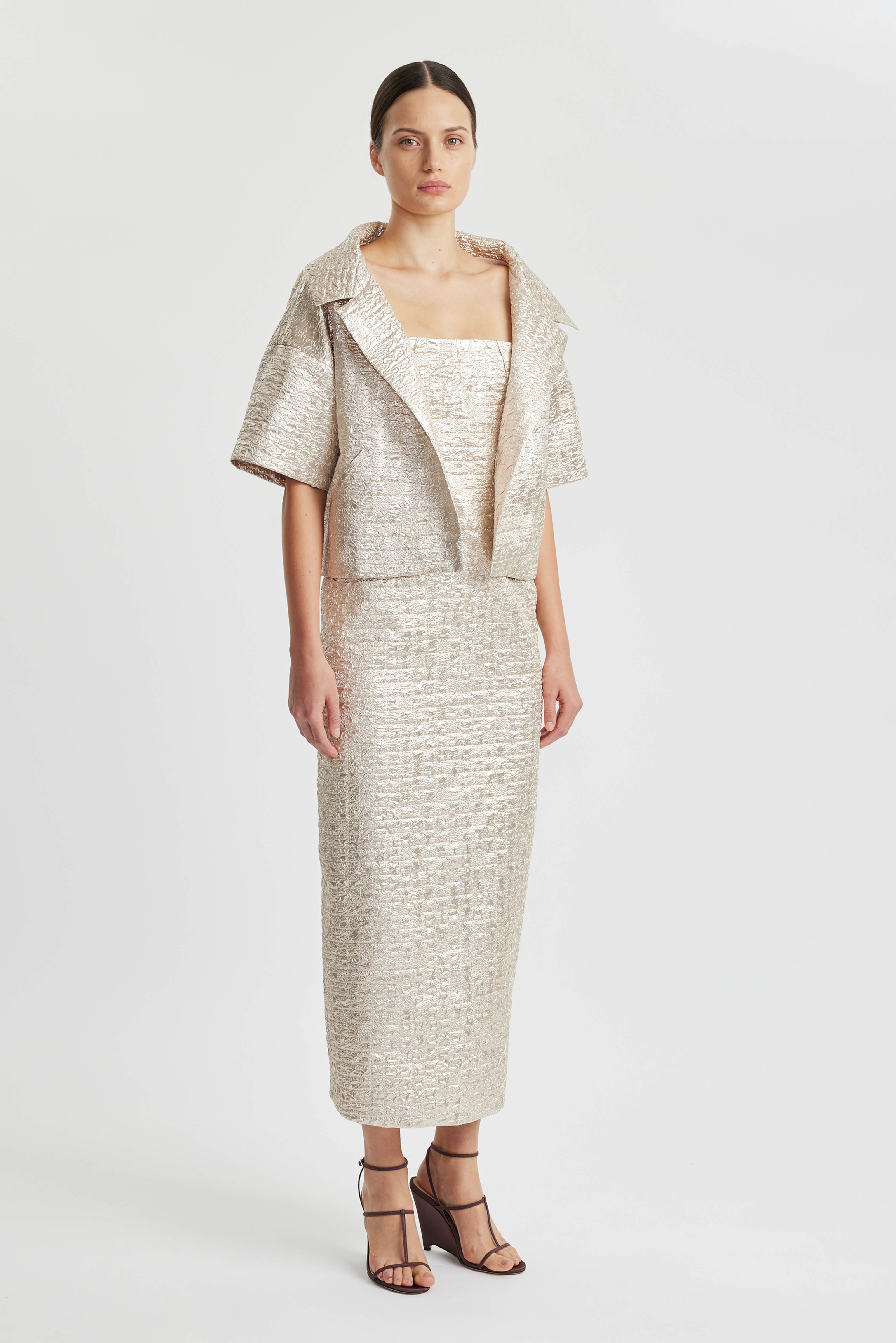 Enna Jacket in Champagne Metallic Seersucker - Emilia Wickstead