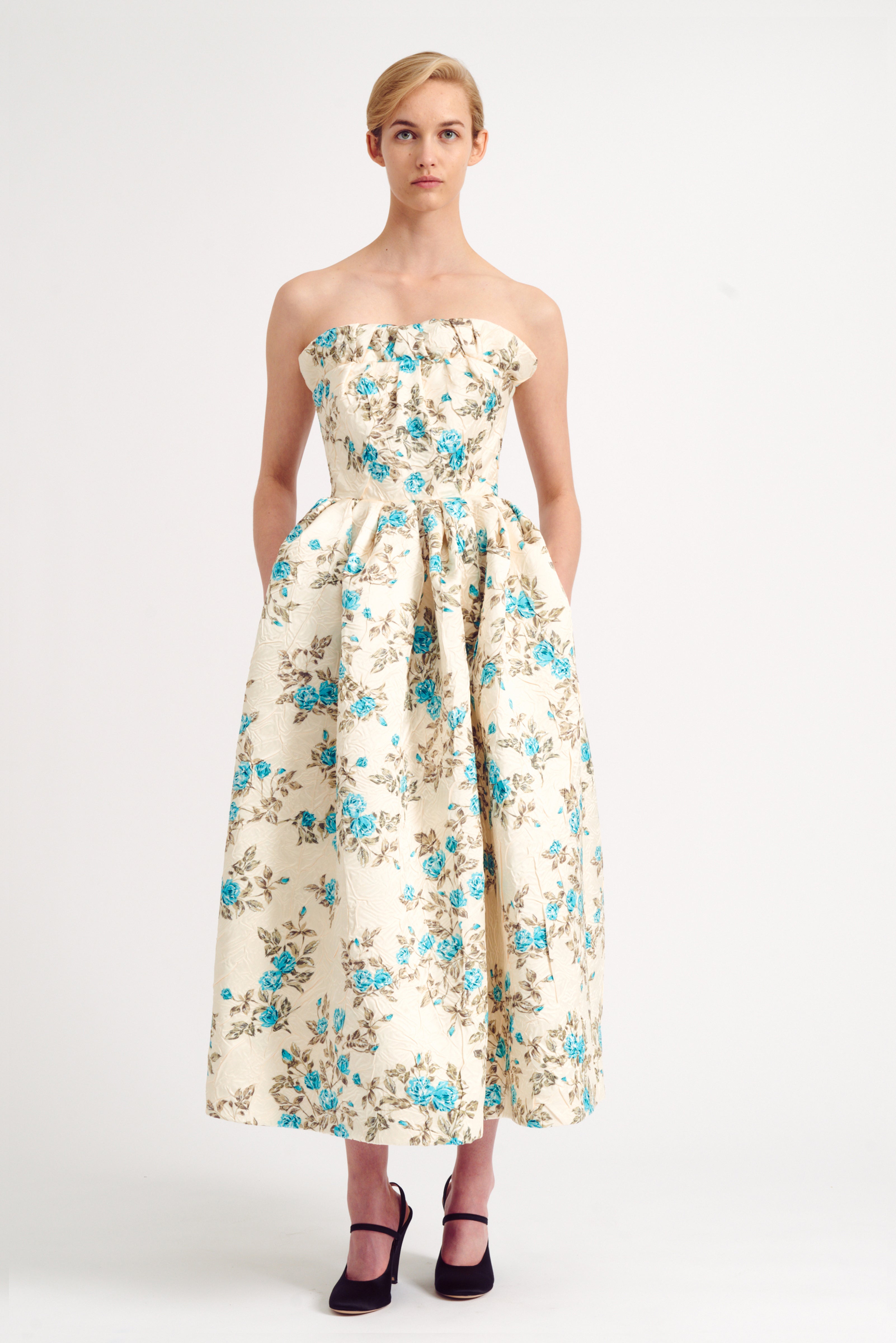 Graciela Strapless Dress in Turquoise Floral Crushed Italian Duchess ...
