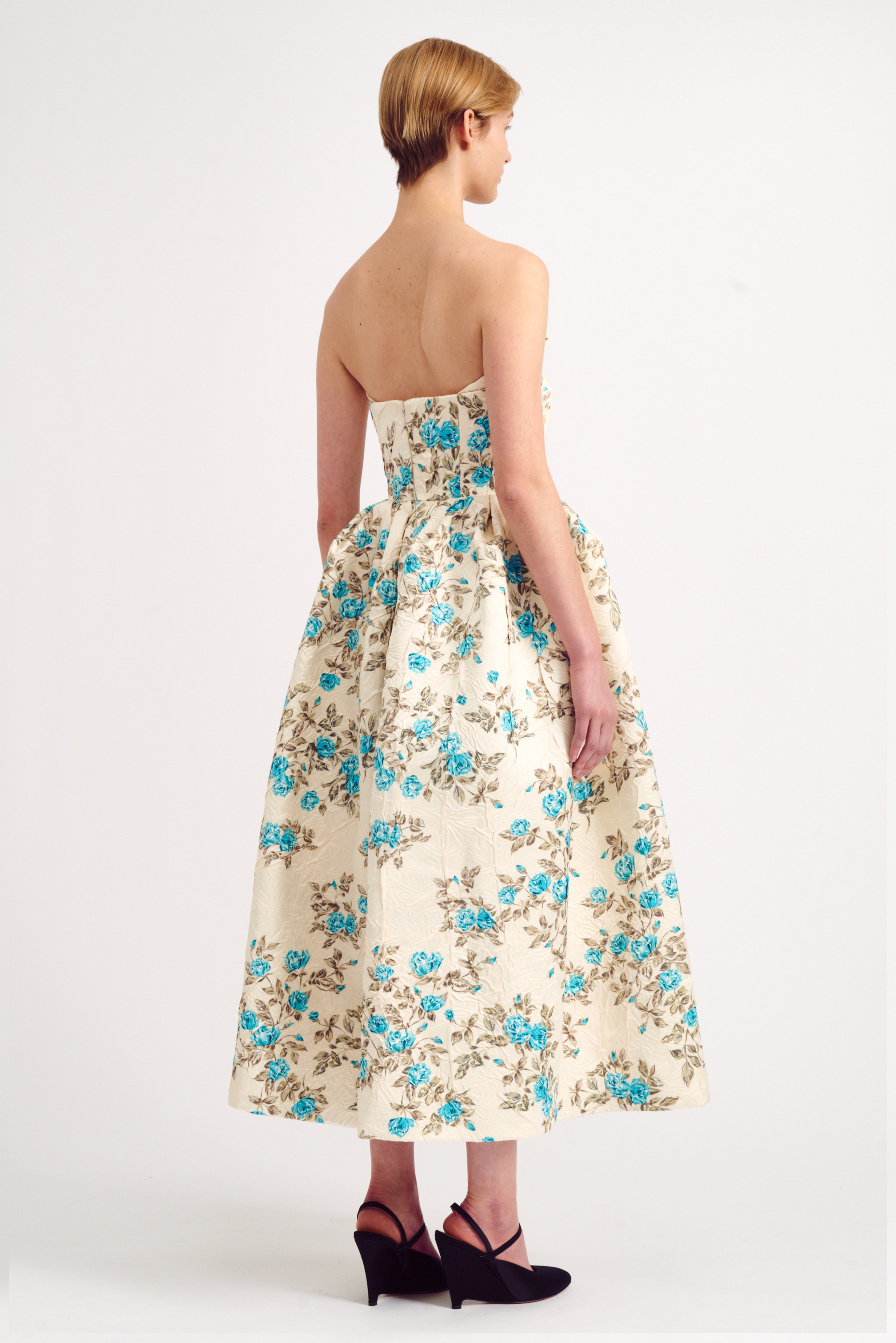 Graciela Strapless Dress in Turquoise Floral Crushed Italian Duchess ...