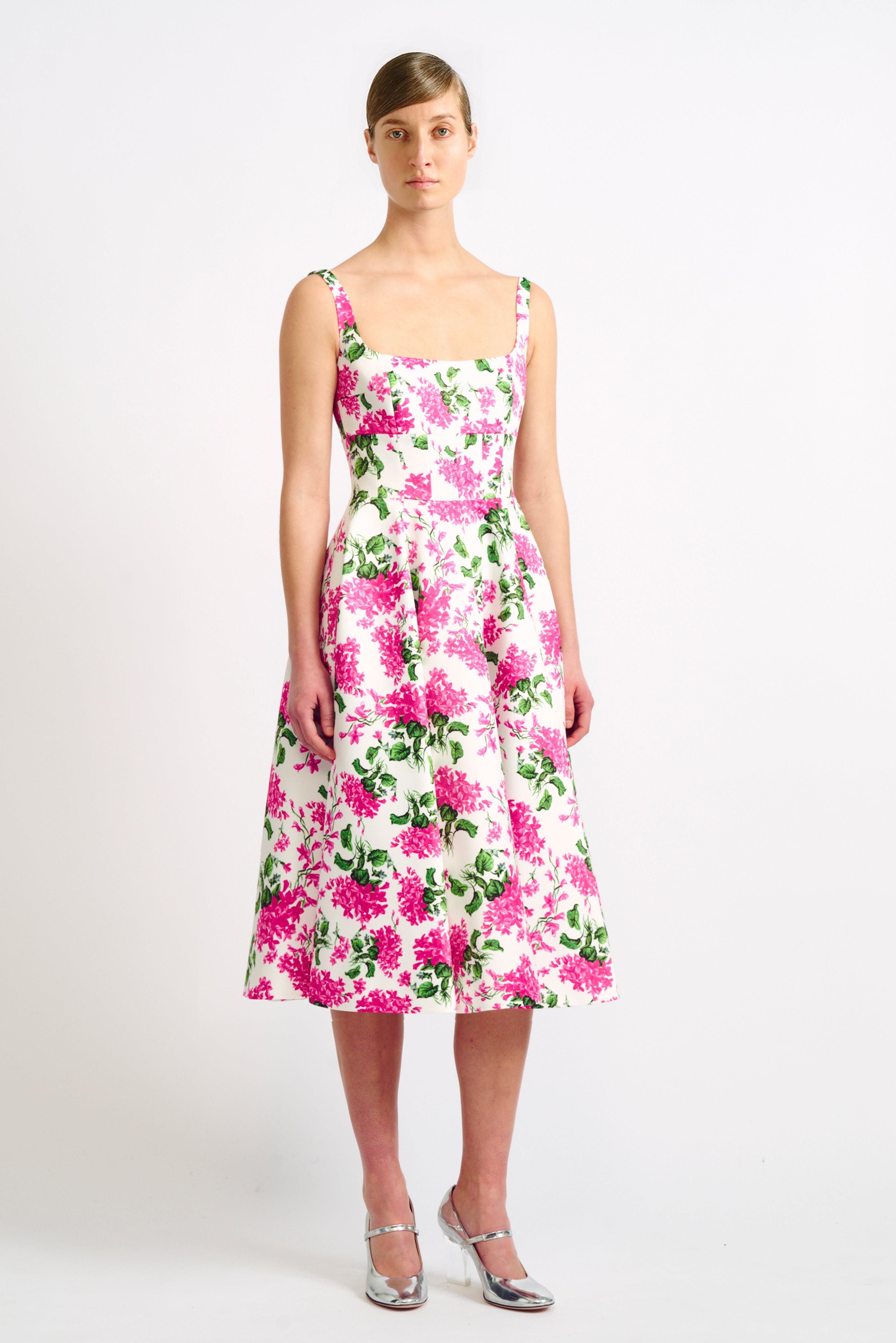 Mona Pink Forget-Me-Not Floral Print Tafetta Faille Dress | Emilia ...