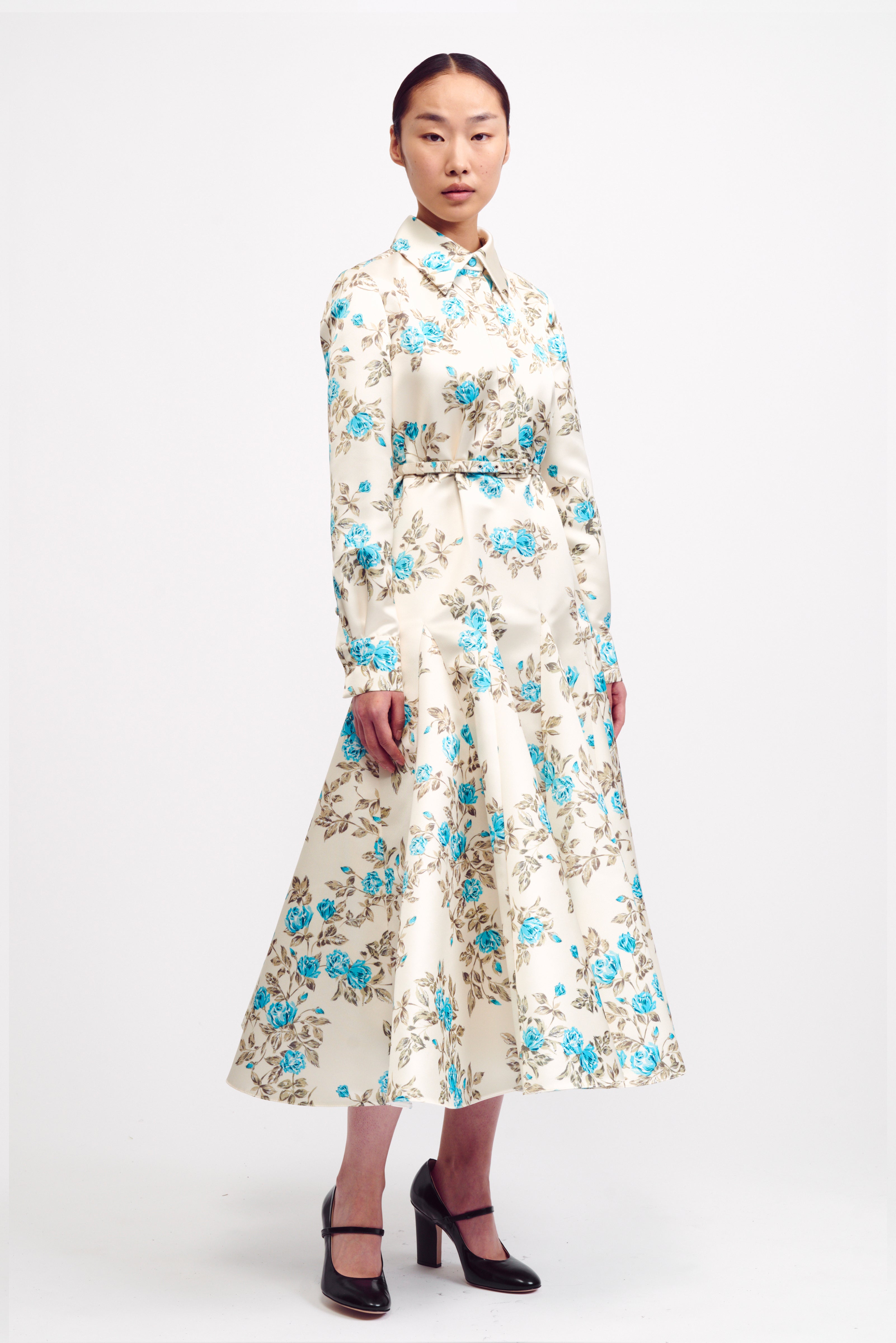 Marion Turquoise Floral Printed Italian Duchess Satin Dress Emilia