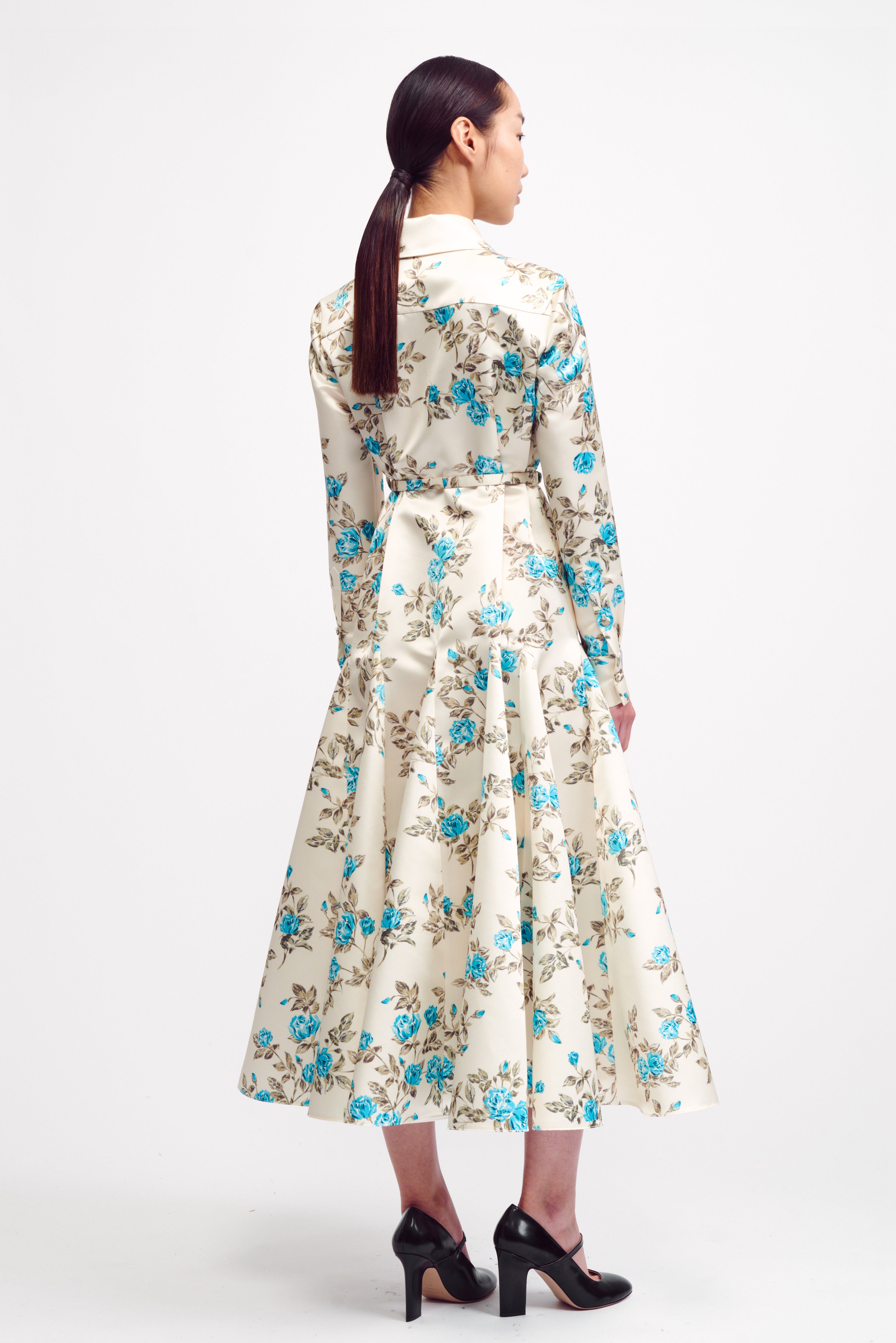 Marion Turquoise Floral Printed Italian Duchess Satin Dress | Emilia ...