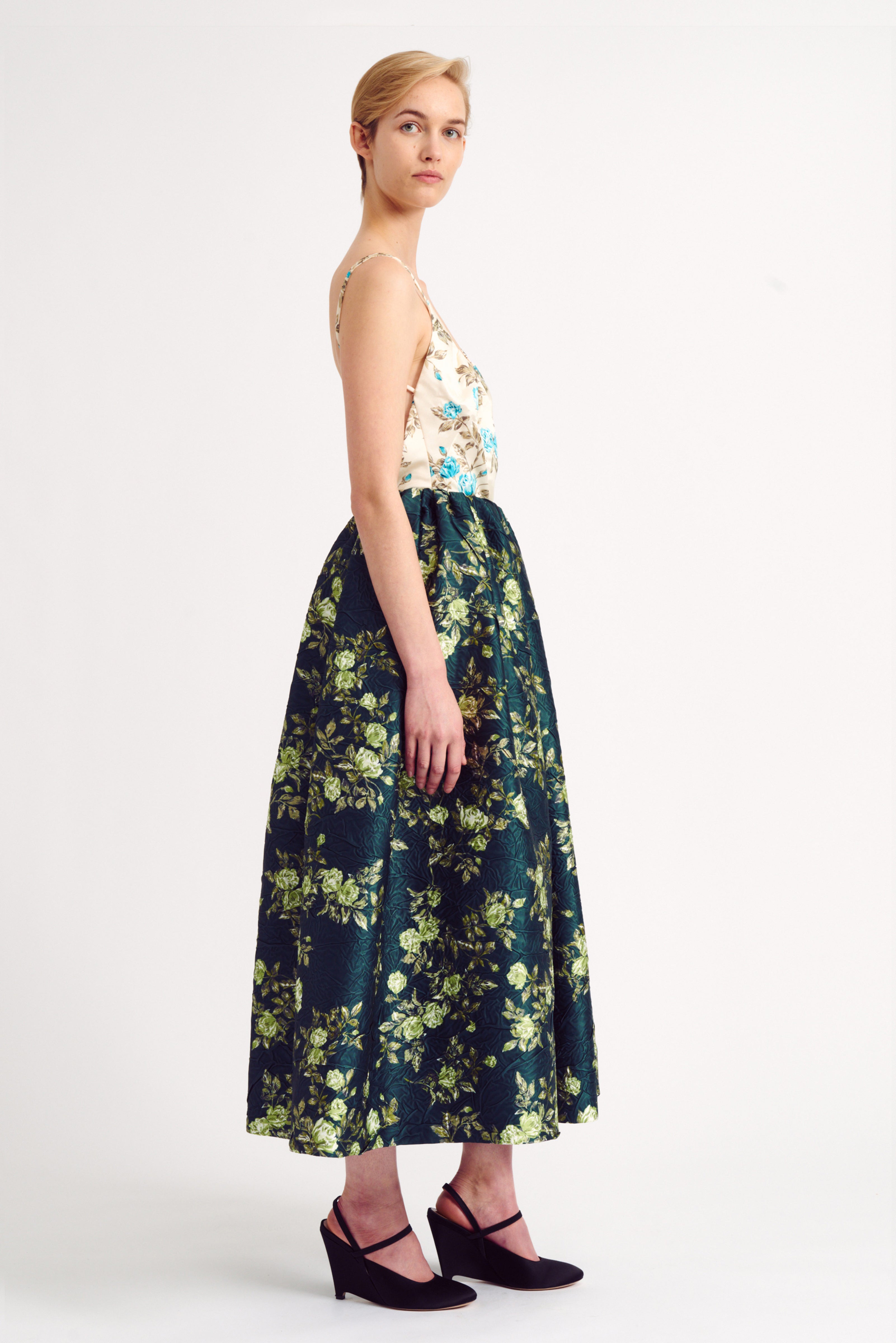 Ritika Dress in Emerald Floral Printed Crushed Italian Duchess Satin ...