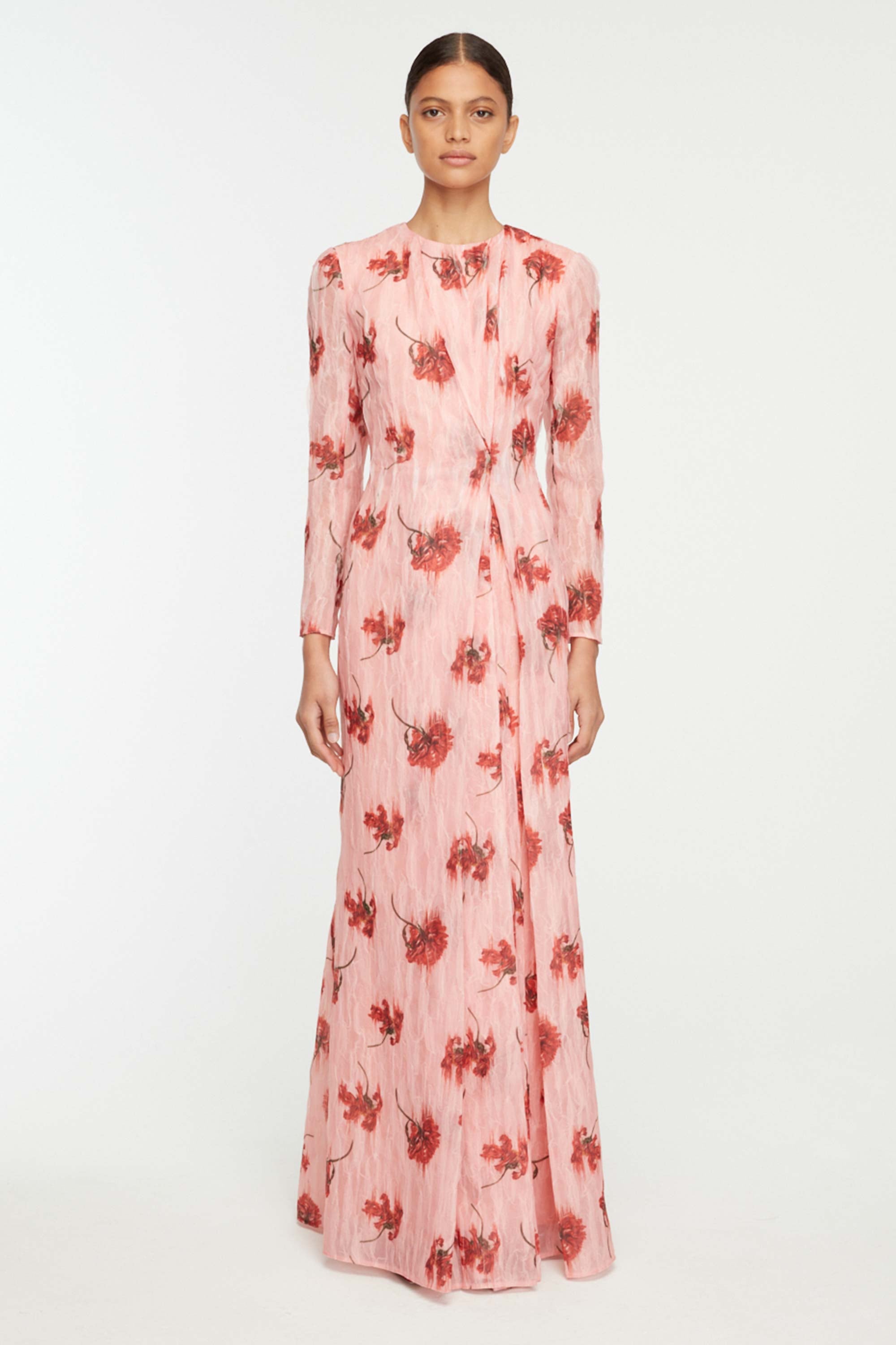Desiree Dress in Coral Flower on Pink Textured Organza– Emilia Wickstead