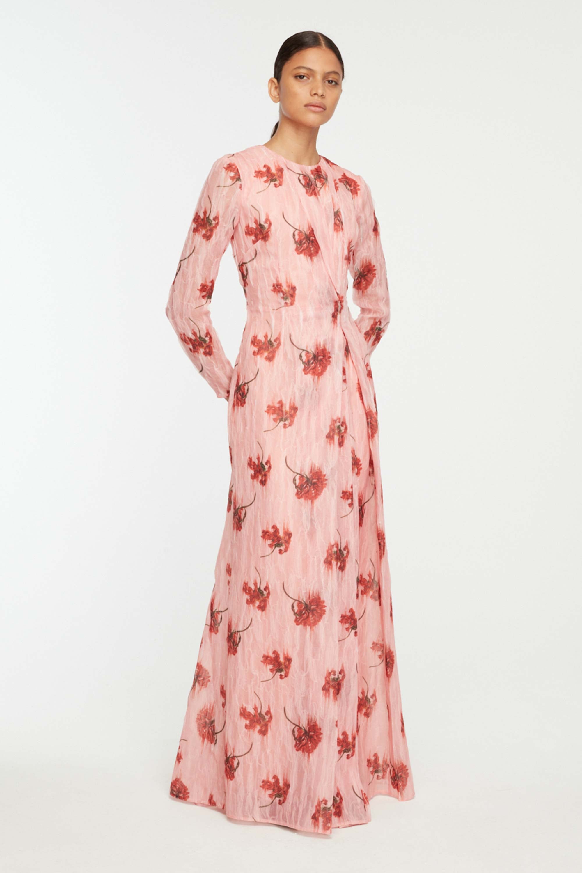 Desiree Dress in Coral Flower on Pink Textured Organza– Emilia Wickstead
