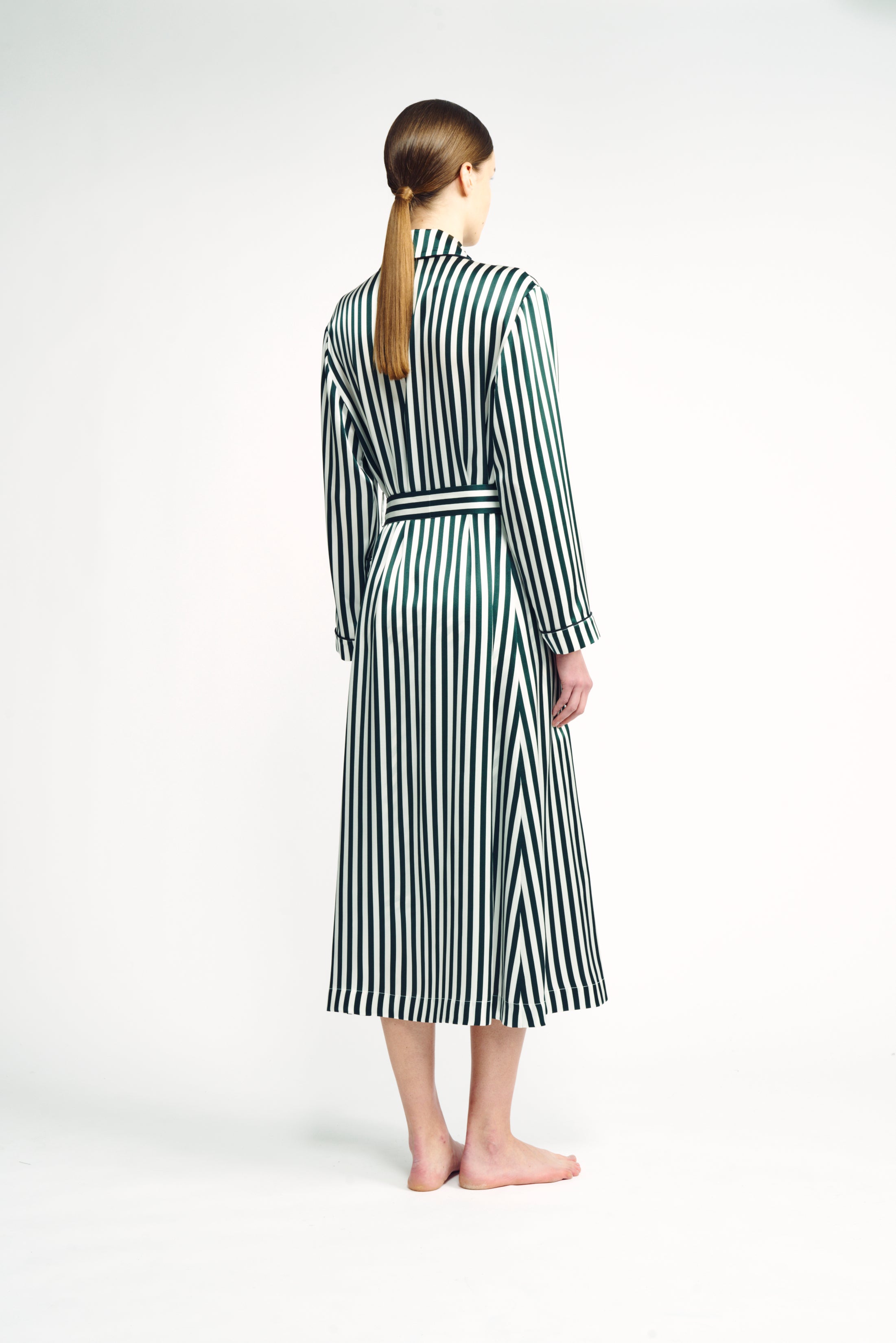 Amana Dressing Gown | Dark green candy stripe silk satin robe | Emilia ...