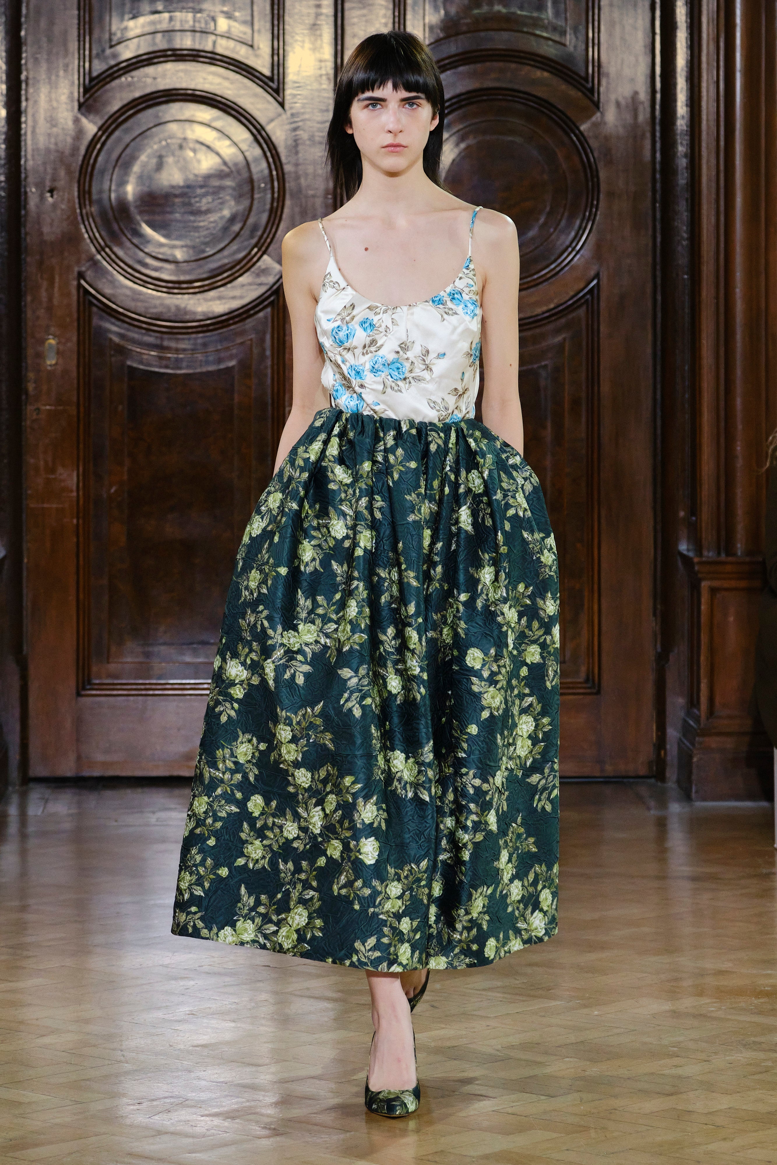 Ritika Dress in Emerald Floral Printed Crushed Italian Duchess Satin ...