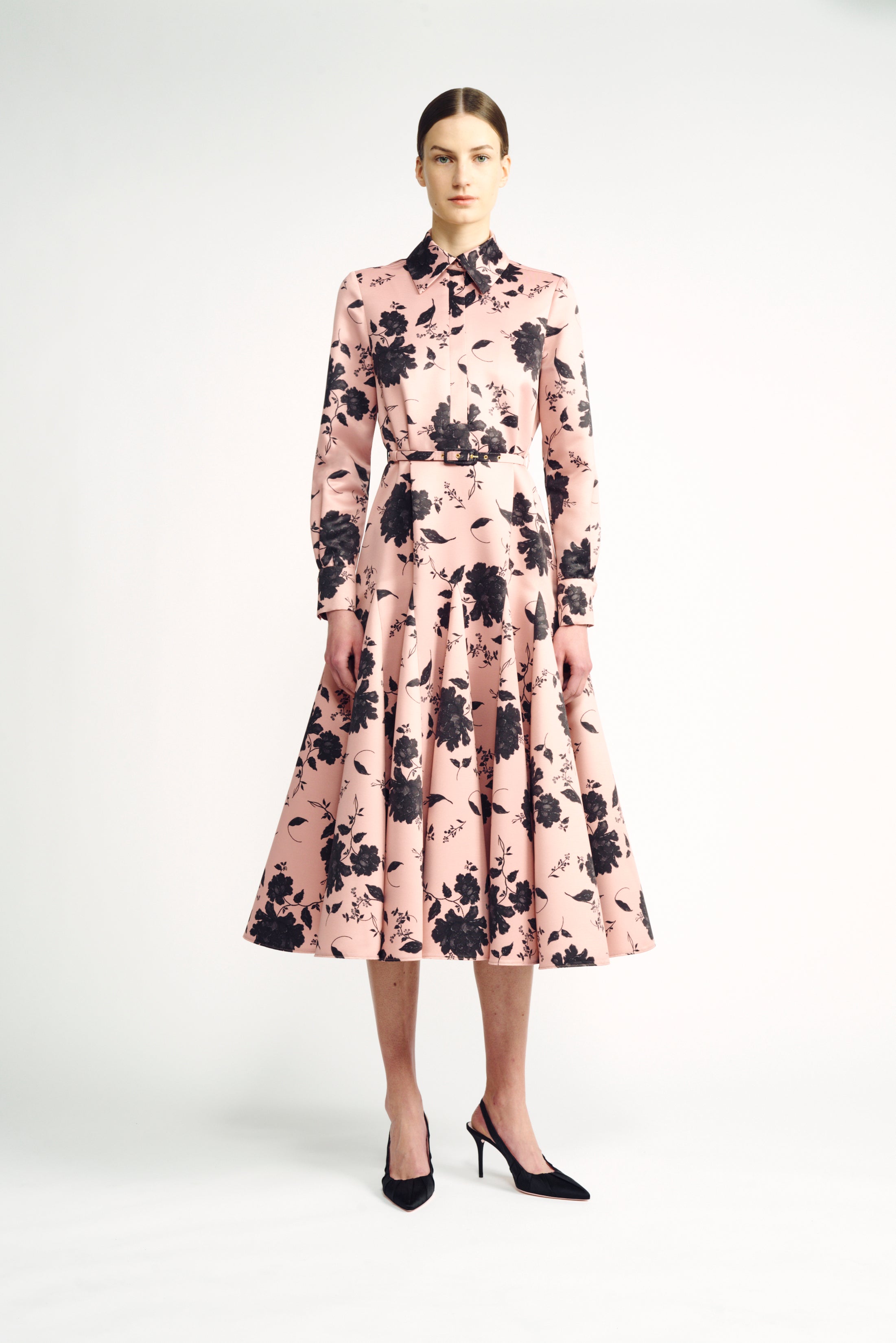 Marion Dress | Pink & Black Floral Printed Fit-and-Flare Long Sleeve ...