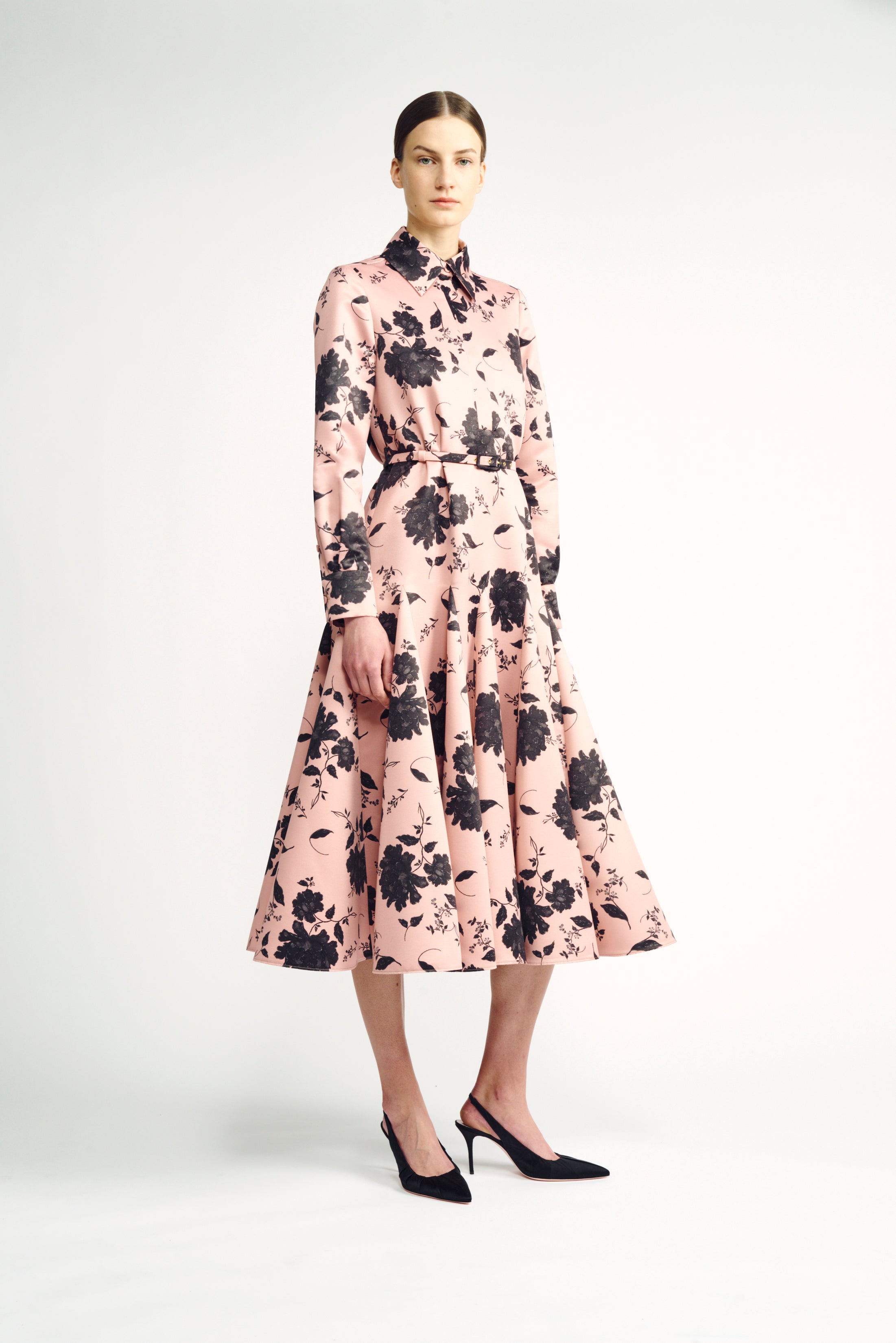 Marion Dress | Pink & Black Floral Printed Fit-and-Flare Long Sleeve ...