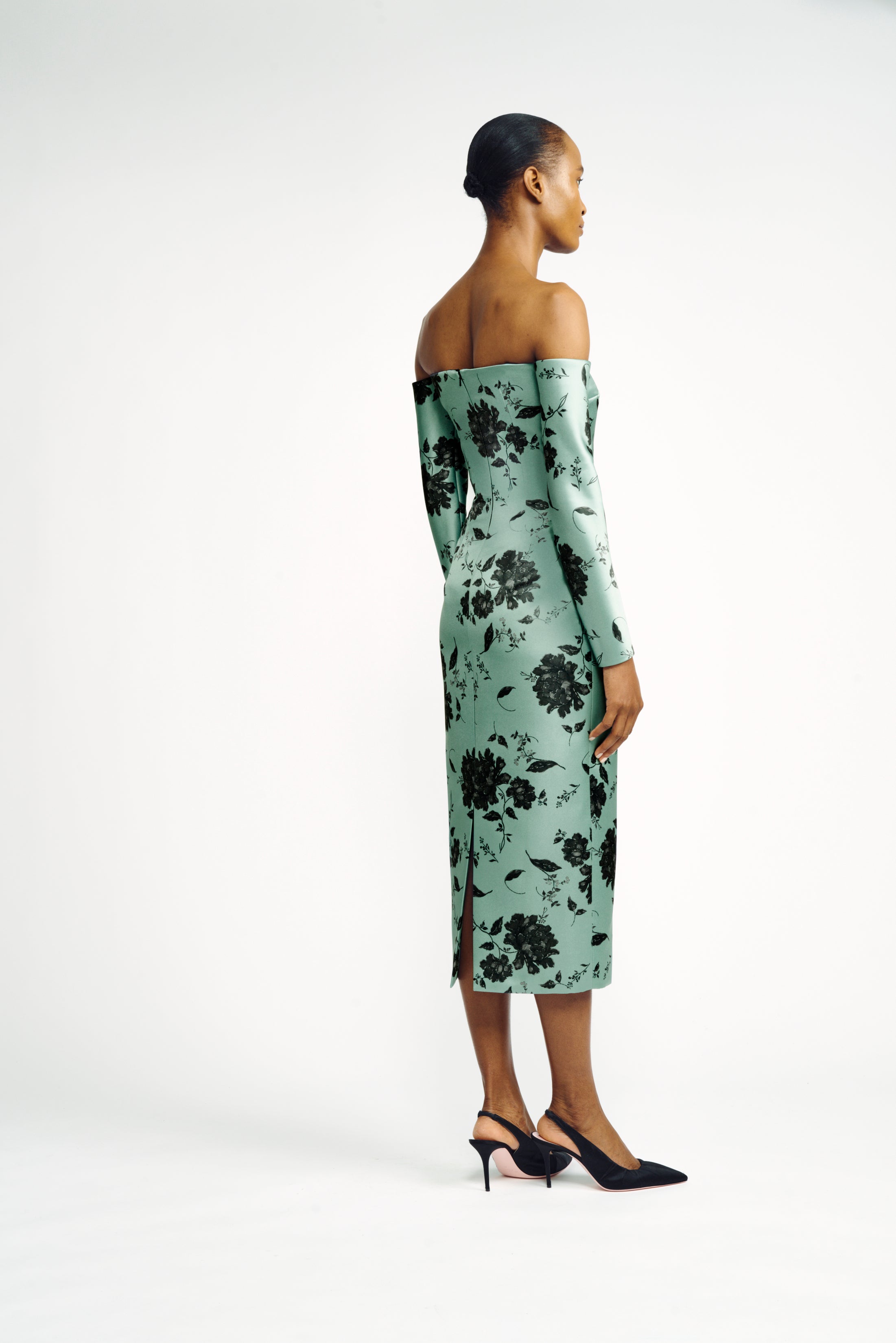 Melina Dress | Pistachio and Black Printed off-the-shoulder Pencil ...