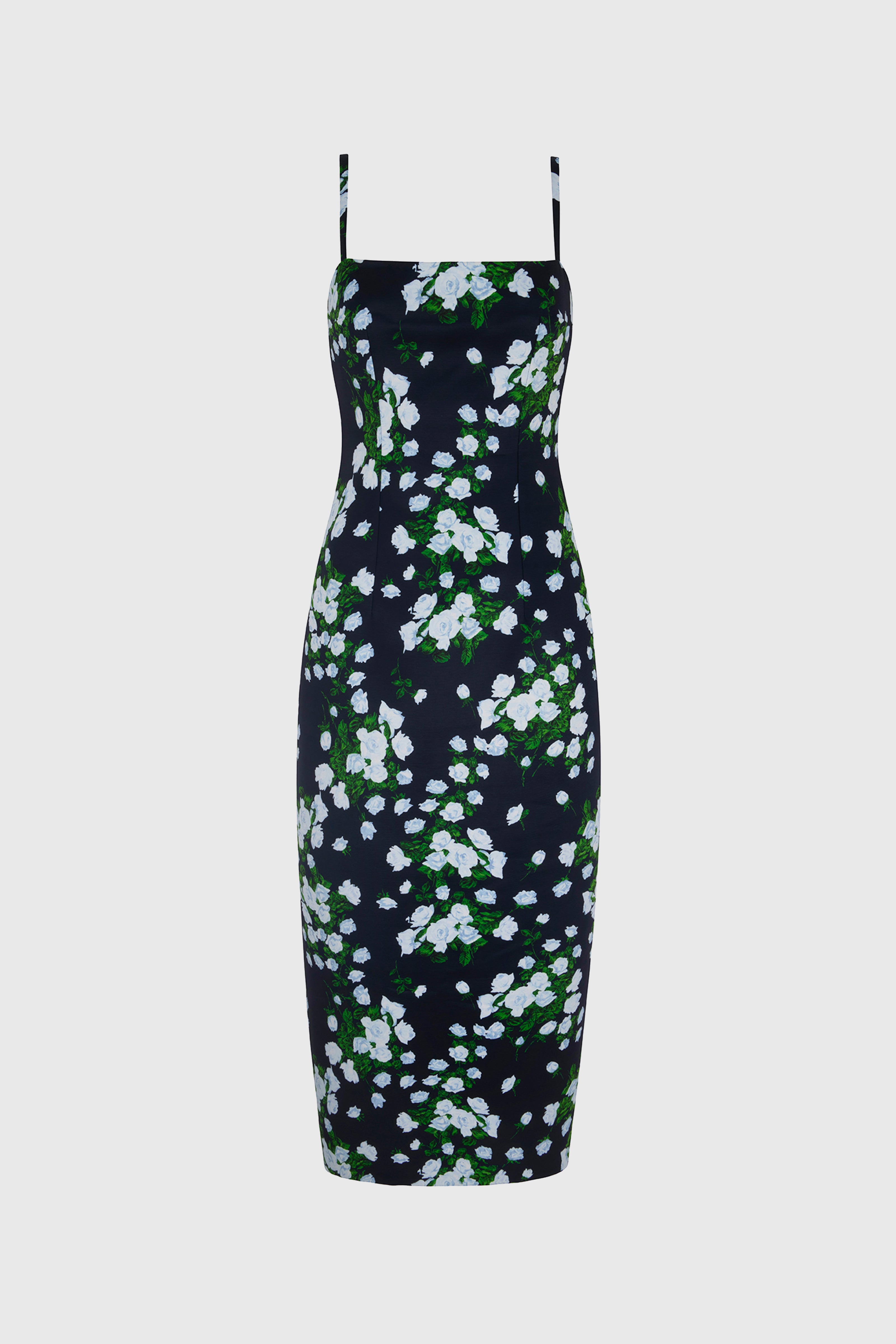 Starling White Rose Print on Navy Blue Taffeta Faille Dress | Emilia ...